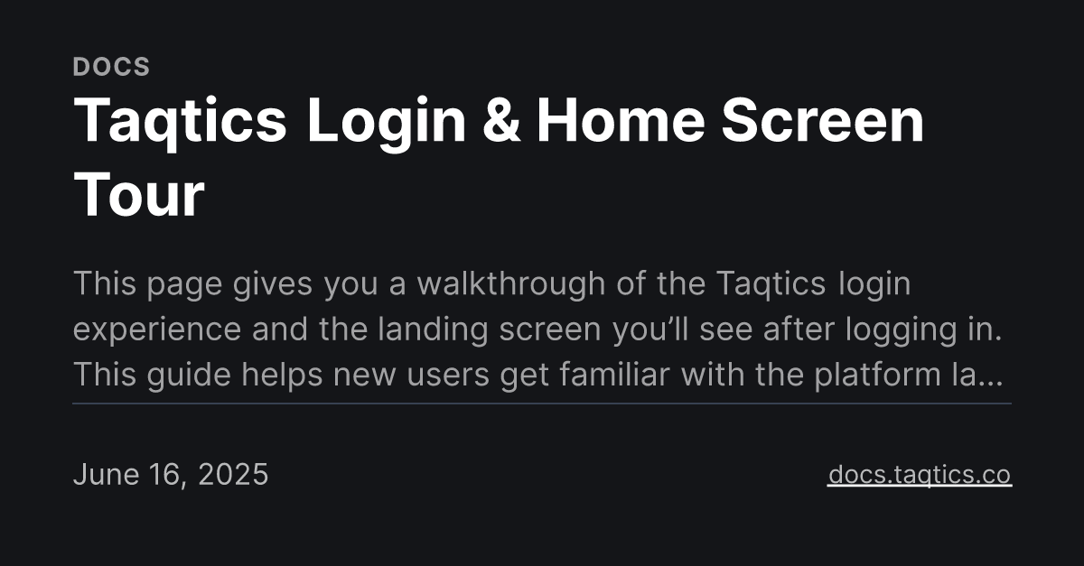 Taqtics Login & Home Screen Tour