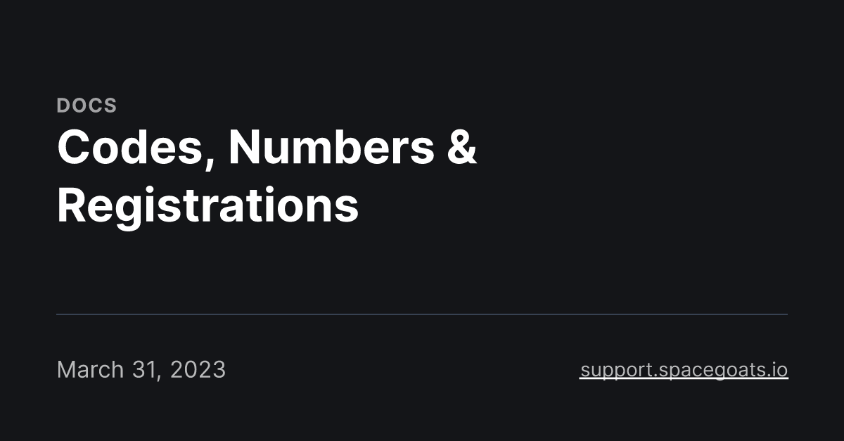 Codes, Numbers & Registrations